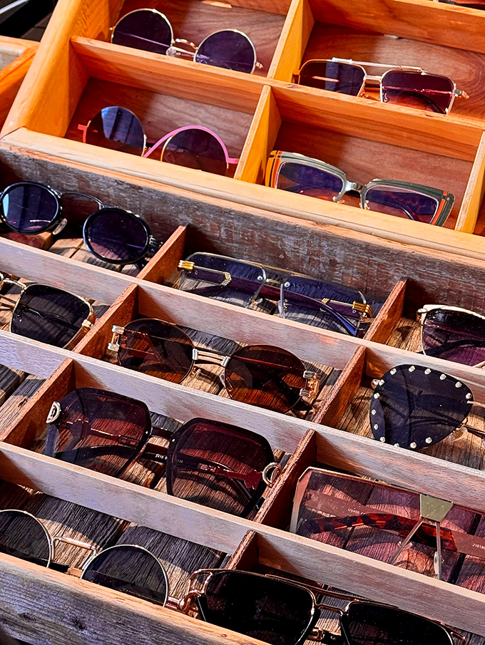 Vintage sunglasses organized with more care than my entire life. Each pair promises to make you look mysteriously important.