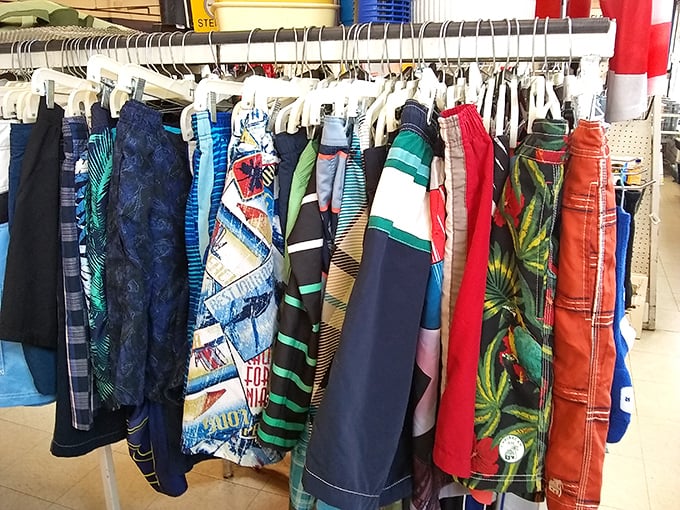 The swimwear section: a tropical explosion of patterns where vintage meets modern in a parade of poolside possibilities.