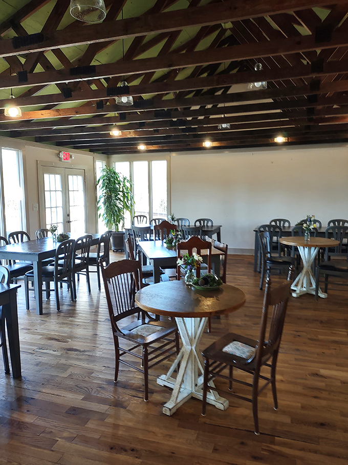 Wooden beams frame a dining room that feels like eating in a friend's farmhouse&mdash;if your friend happened to be an exceptional baker.