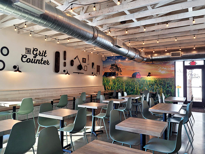 The dining room says "stay awhile" with its farm-inspired murals and minimalist tables that let the food be the real conversation piece. 