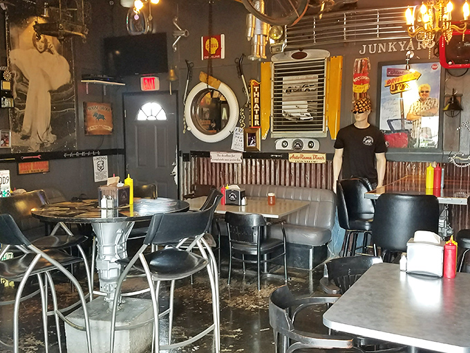 The dining area feels like the world's coolest garage that decided serving incredible food was its true calling.