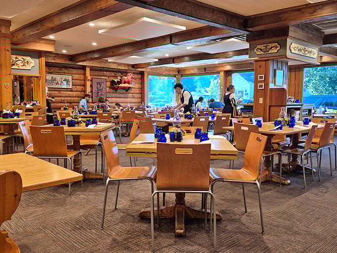 The dining room's rustic wooden beams and blue glassware create an atmosphere that's both authentically Swedish and quintessentially Door County.