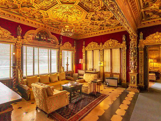 The Morning Room's crimson walls and gilded ceiling create the perfect setting for contemplating life's big questions, like "How did I get invited here?"