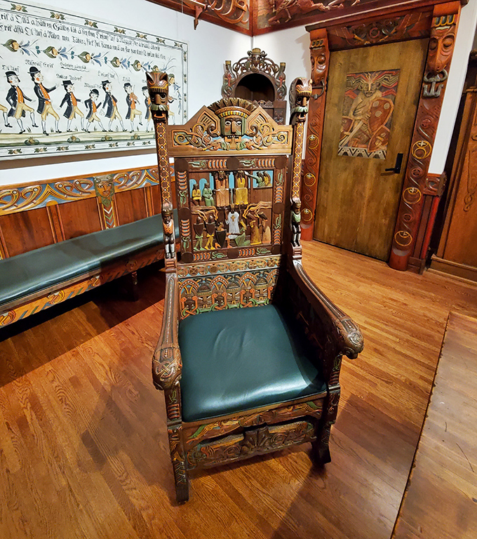 Not your average IKEA chair – this ornately carved throne tells stories through its intricate woodwork, each figure and pattern representing elements of Swedish folklore.