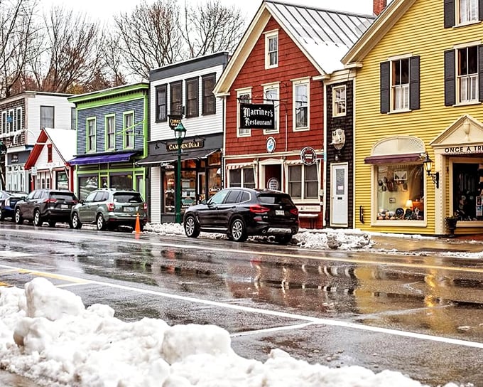 Winter in Camden transforms colorful storefronts into a snow globe scene. Even in slush season, this town refuses to lose its charm.