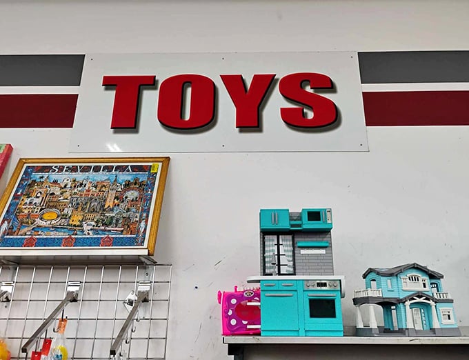 The toy section &ndash; where childhood nostalgia meets practical parenting. That teal kitchen set costs less than dinner for two.