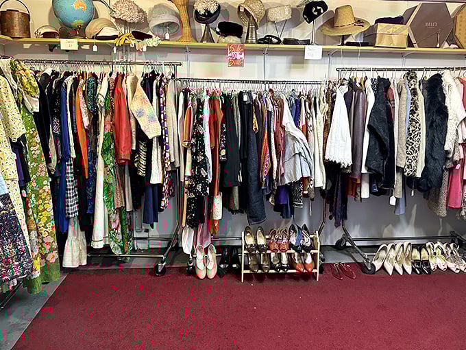 Vintage clothing racks where every garment tells a story about when people actually dressed up for regular activities.