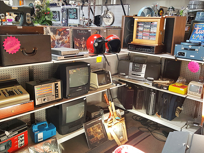 Yesterday's technology sits on shelves like a museum of "remember when," from boxy TVs to cassette players.