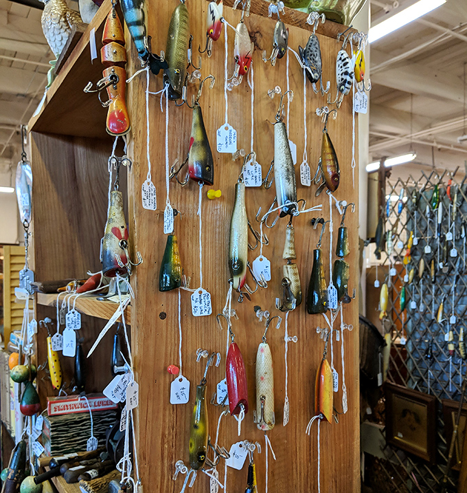 The fishing lure display&mdash;where one man's tackle box becomes another man's treasure chest of colorful, hooked nostalgia.