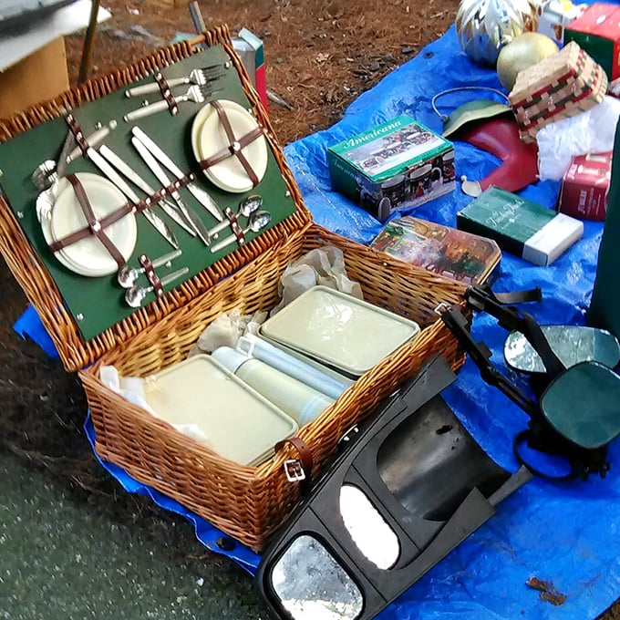 Picnic perfection in wicker form! This vintage hamper promises civilized outdoor dining with its perfectly arranged plates, cups, and utensils.