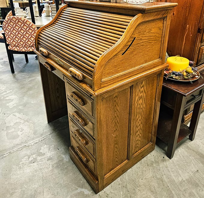 Roll-top desks: where organization meets nostalgia. This oak beauty has probably hidden love letters, tax forms, and maybe a secret or two.