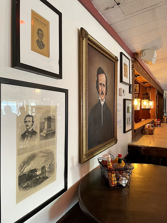 The walls speak volumes with framed Poe memorabilia—a gallery where literary history meets beach bar ambiance in perfect harmony.