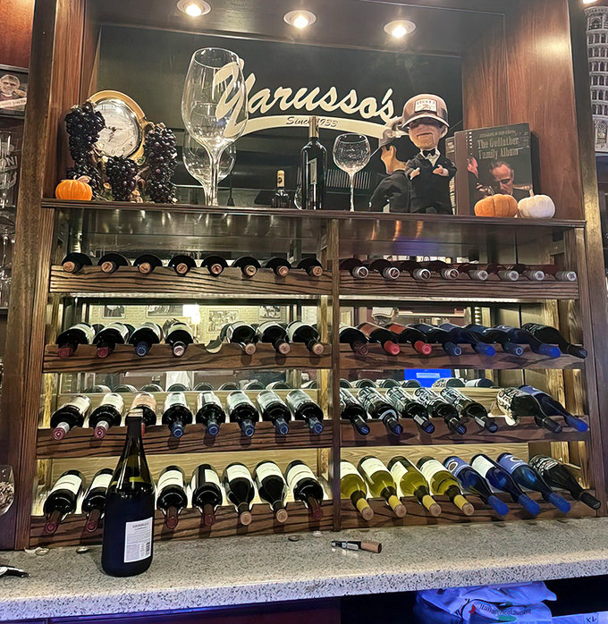 A wine display that says, "Yes, we take our vino seriously." The perfect companions for pasta await their moment to shine.