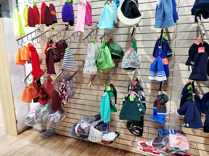 Winter accessories displayed like a department store, minus the department store prices and pushy salespeople.