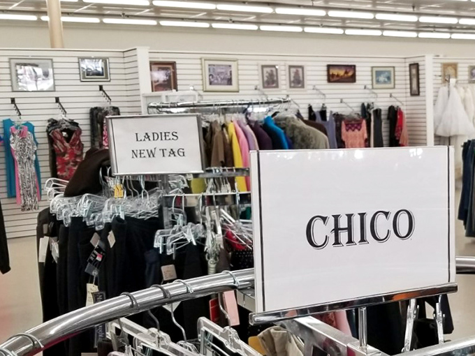 Designer labels hiding in plain sight&mdash;Chico's rack standing tall among the everyday finds like a fashion oasis in the desert.
