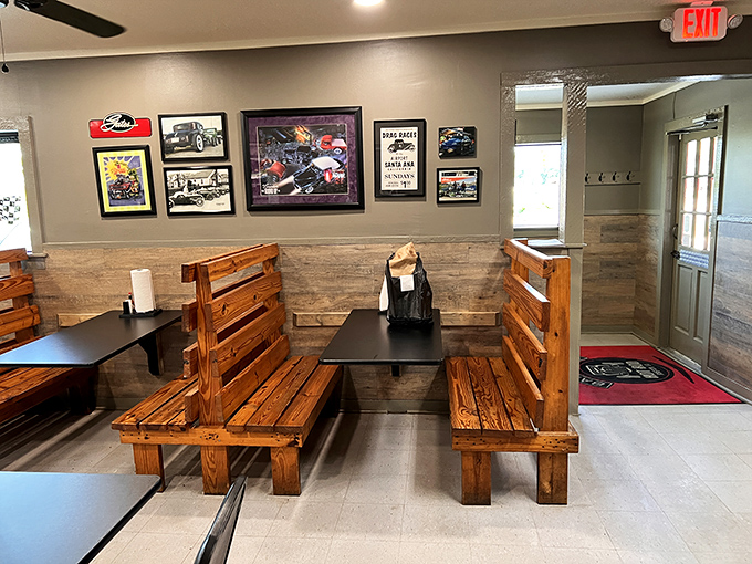 These wooden booths have witnessed more food euphoria than a cooking show judge. Simple, sturdy, and ready for your barbecue journey.