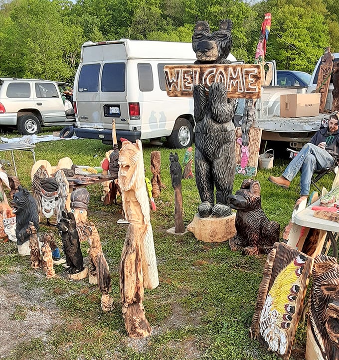 Chainsaw art that transforms Michigan logs into conversation pieces. That bear isn't just saying "Welcome"—he's saying "Yes, this will fit in your yard."