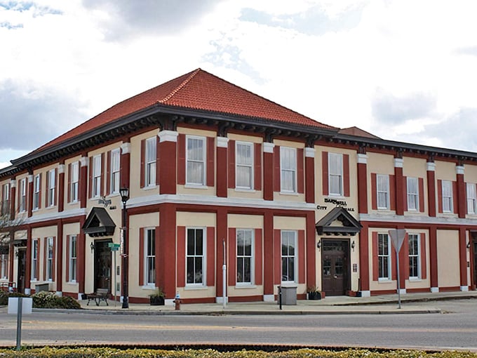 Barnwell's stately city hall looks like it's wearing a formal red hat to a budget-friendly party where your Social Security check is the guest of honor.