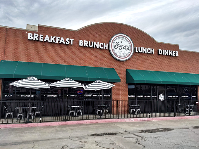 Bay34th Street Diner's modern brick exterior houses timeless comfort food. Those umbrellas promise al fresco dining with your pancakes!