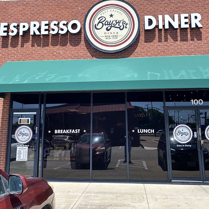 Bay34th Street Diner's modern brick exterior and clean signage bring a touch of New York style to Arlington's comfort food scene.