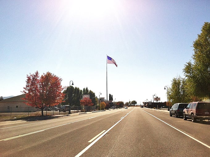 Main Street, USA! Dorris captures that classic small-town feel where the American flag waves proudly over unhurried country living.