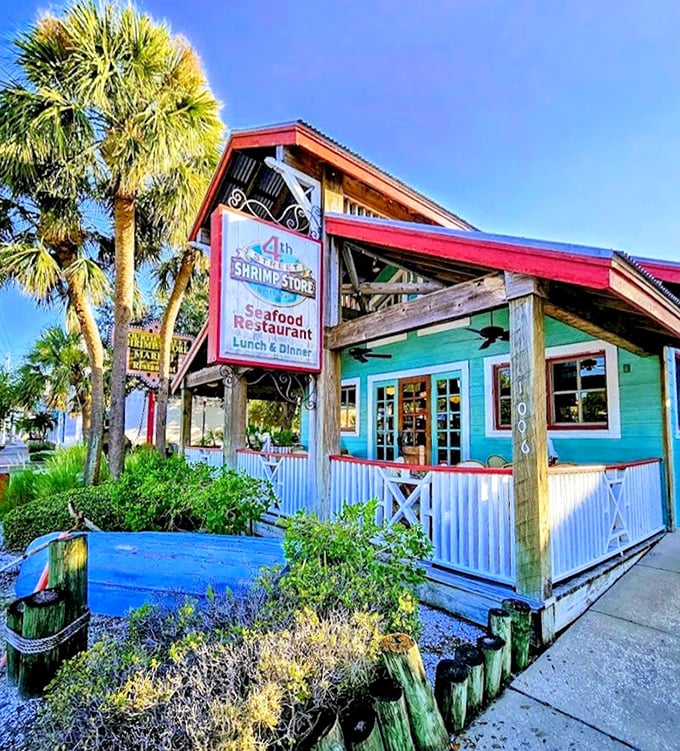Fourth Street Shrimp Store's colorful exterior features an eye-catching fish mural. This St. Petersburg gem proves that sometimes the best seafood comes from the most colorful places!