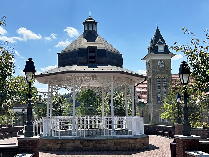 Ligonier's picture-perfect gazebo stands ready for summer concerts and wedding photos, a white Victorian centerpiece that anchors the town square.
