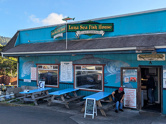 Luna Sea's vibrant blue building stands out like a beacon for seafood lovers. Where fishermen serve what they catch—seafood doesn't get fresher!