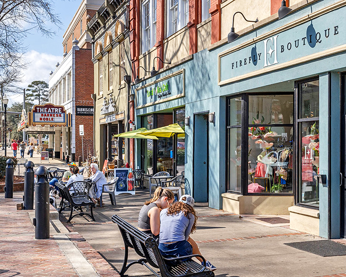 Enjoy a sunny afternoon strolling past charming boutiques and cozy sidewalk cafes in the heart of historic downtown Milledgeville, Georgia.