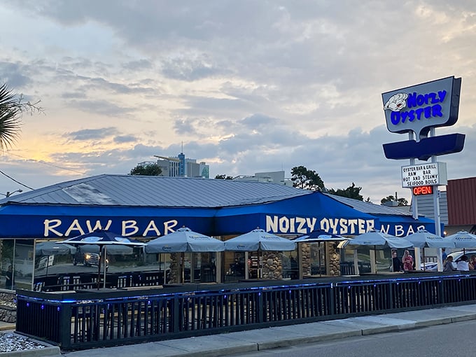 Noizy Oyster's vibrant blue exterior and inviting patio set the stage for seafood celebrations. Where the only thing fresher than the oysters is the ocean breeze.