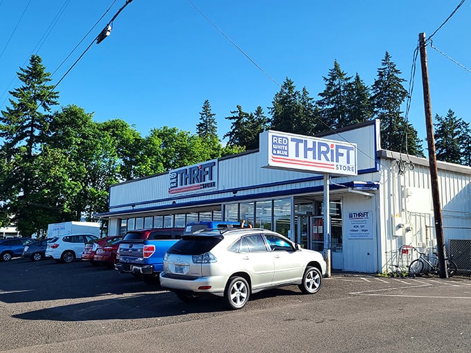 Red, White & Blue Thrift beckons bargain hunters with its no-nonsense exterior and promise of affordable treasures.