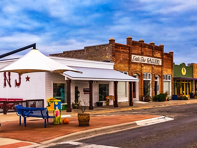 Rockport's colorful downtown mixes coastal charm with artistic flair in a scene that screams "vacation vibes."