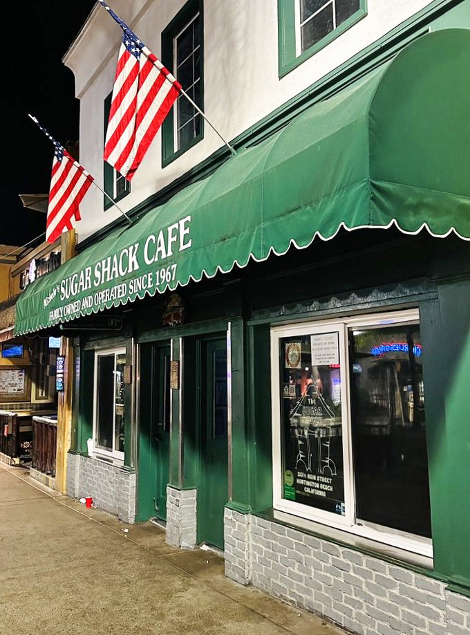 Green buildings with patriotic flair serve breakfast with a side of American dream nostalgia.