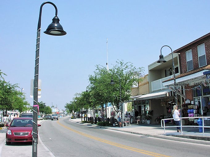 Tarpon Springs' main street stretches toward the horizon, where old-world charm meets Florida sunshine in perfect harmony.