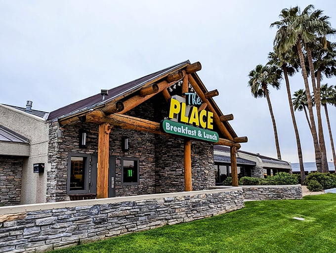 The Place's rustic stone entrance and timber beams suggest a mountain lodge, but it's actually a breakfast paradise.