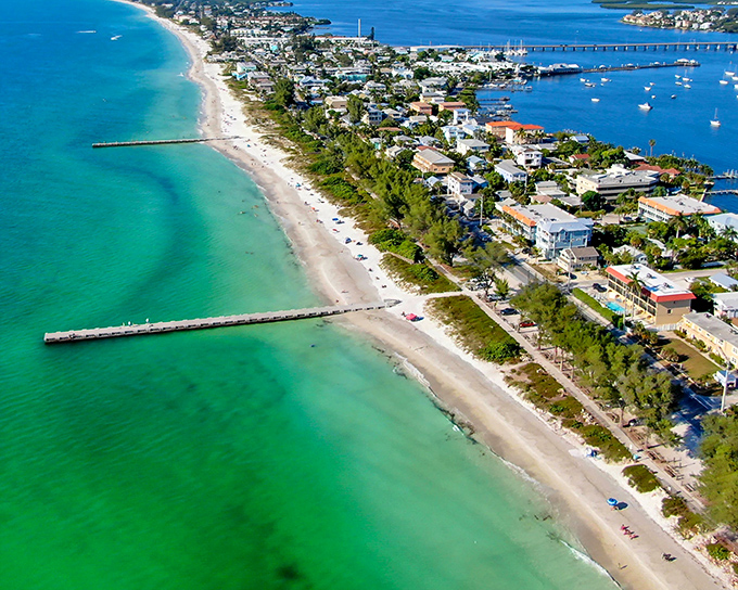 The aerial view of Anna Maria Island showcases beaches that look like they've been imported from the Caribbean, just a short drive from your front door.