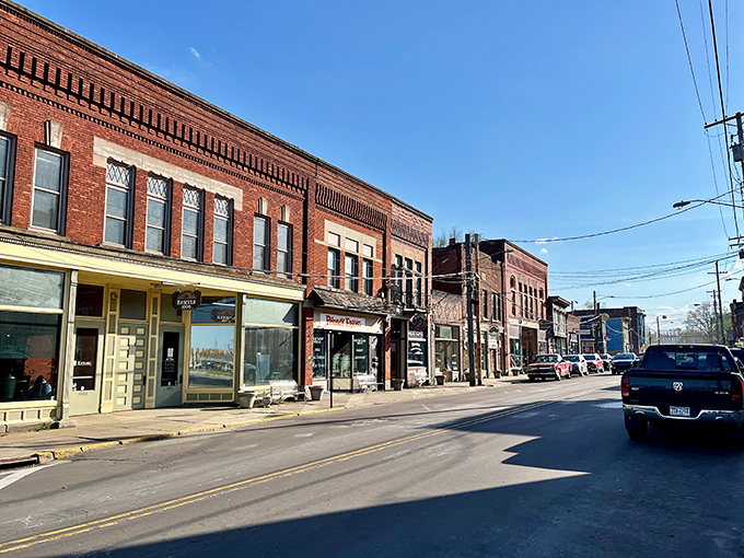 The classic brick storefronts of downtown Ashtabula create a welcoming atmosphere for retirees seeking affordable Lake Erie living.