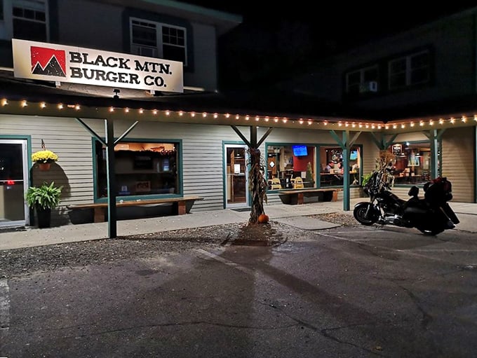 String lights twinkle as evening falls on Black Mtn. Burger Co. The perfect setting for post-adventure burger bliss.