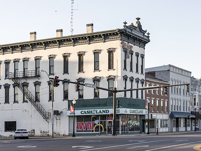 Historic storefronts line Bucyrus's welcoming main street, where window shopping costs nothing and living costs little.