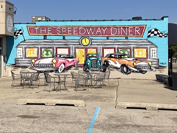 The Speedway Diner mural captures Indy's racing heritage. Breakfast with a side of automotive history – only in Indianapolis!