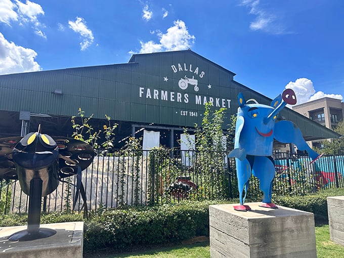 Urban oasis of fresh finds. Dallas Farmers Market's green exterior houses a world of local treasures and culinary delights.