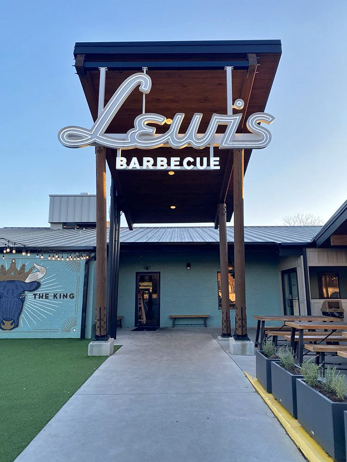 The modern yet welcoming entrance to Lewis Barbecue sets expectations high. Where tradition meets innovation on a plate.