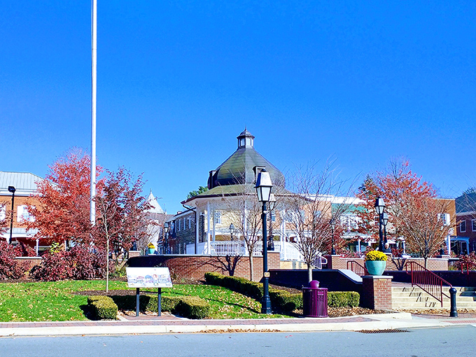 The community gazebo in Ligonier sits like a wedding cake in the town center, surrounded by historic buildings and autumn-tinged trees.