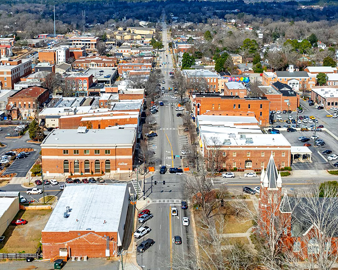 A beautiful bird&rsquo;s-eye view reveals the classic architecture and peaceful, tree-lined streets of Milledgeville&rsquo;s vibrant and welcoming city center.