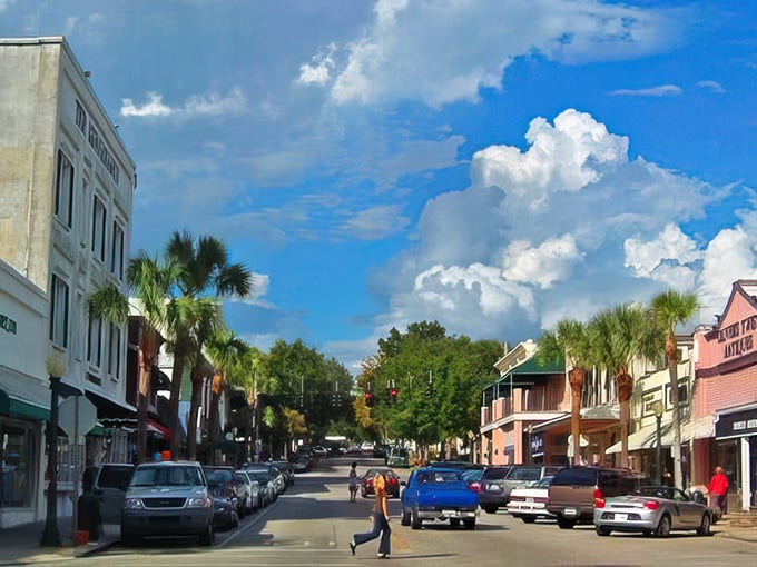 The colorful storefronts of Mt. Dora create a vibrant shopping district where antique stores and art galleries welcome browsers.