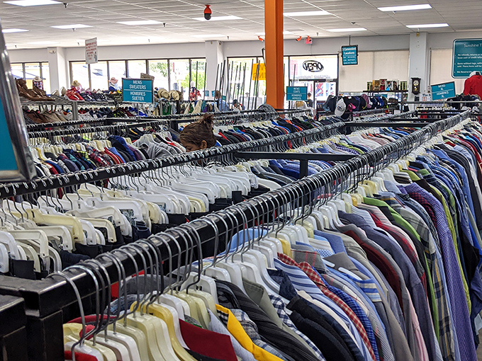 Endless racks of possibilities arranged with military precision for maximum shopping efficiency.