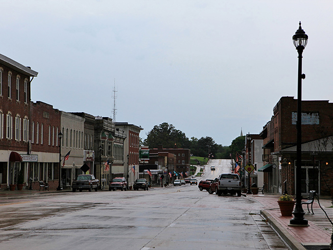 Even on a rainy day, Vandalia's brick-lined main street maintains its timeless charm. Those storefronts have stories that Netflix wishes it could stream.