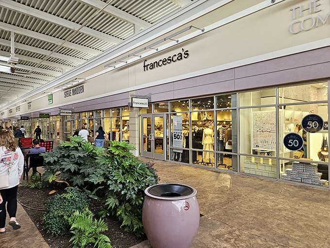 The wide, plant-lined corridors aren't just pathways&mdash;they're runways for shoppers modeling their fresh finds between stores.