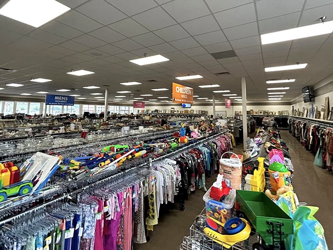 The bird's-eye view reveals the impressive scale of this bargain wonderland. Sections clearly marked, treasures neatly organized, discoveries inevitable.