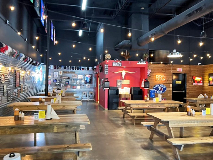 The dining room awaits its faithful congregation. These picnic tables have witnessed more food euphoria than a cooking show highlight reel.